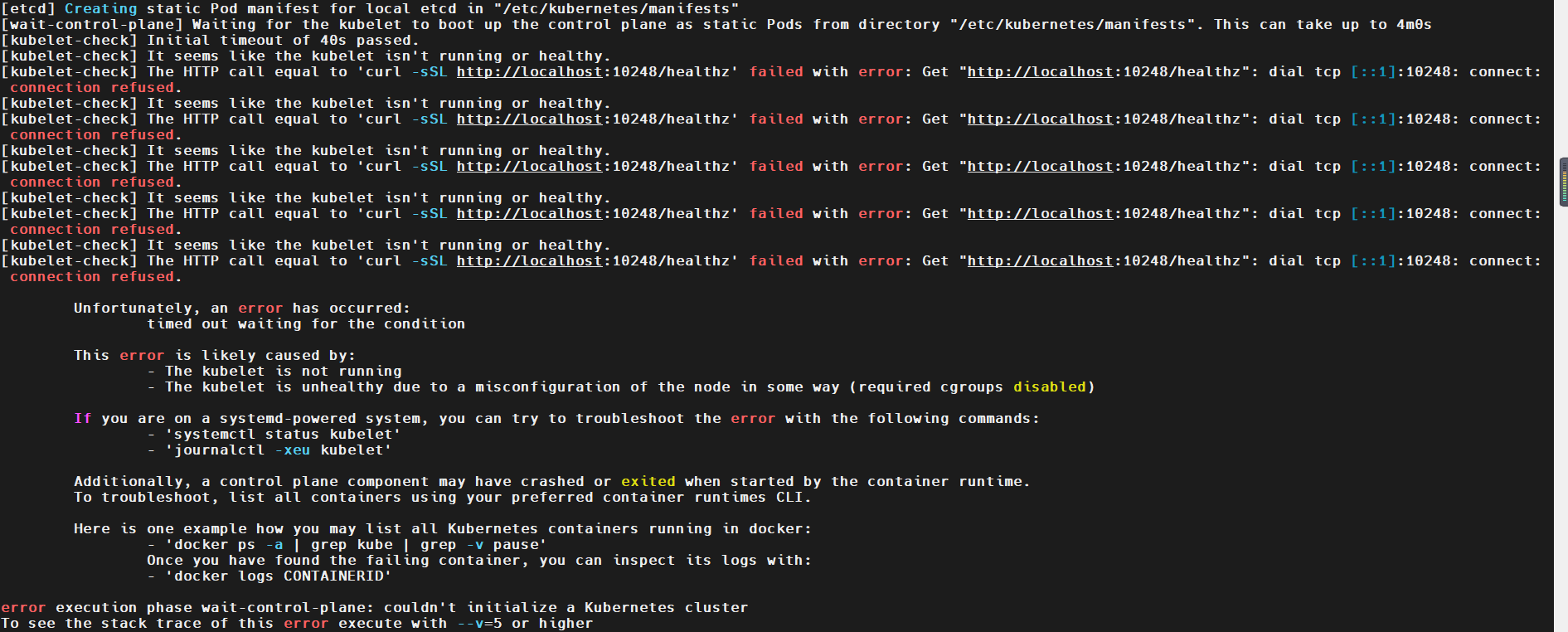 [kubelet-check] The HTTP call equal to ‘curl -sSL http://localhost:10248/healthz‘ failed with ...