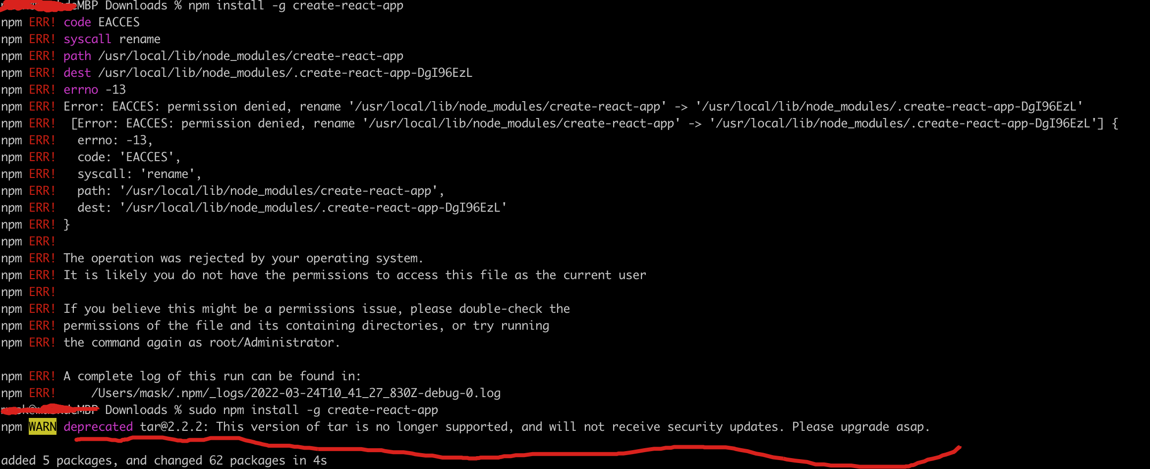 创建react工程报错：npm WARN deprecated tar@2.2.2: This version of tar is no longer supported, and will ...