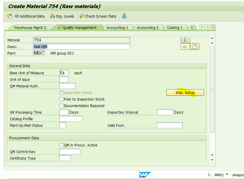 We cannot activate inspection type for article master in transaction ...