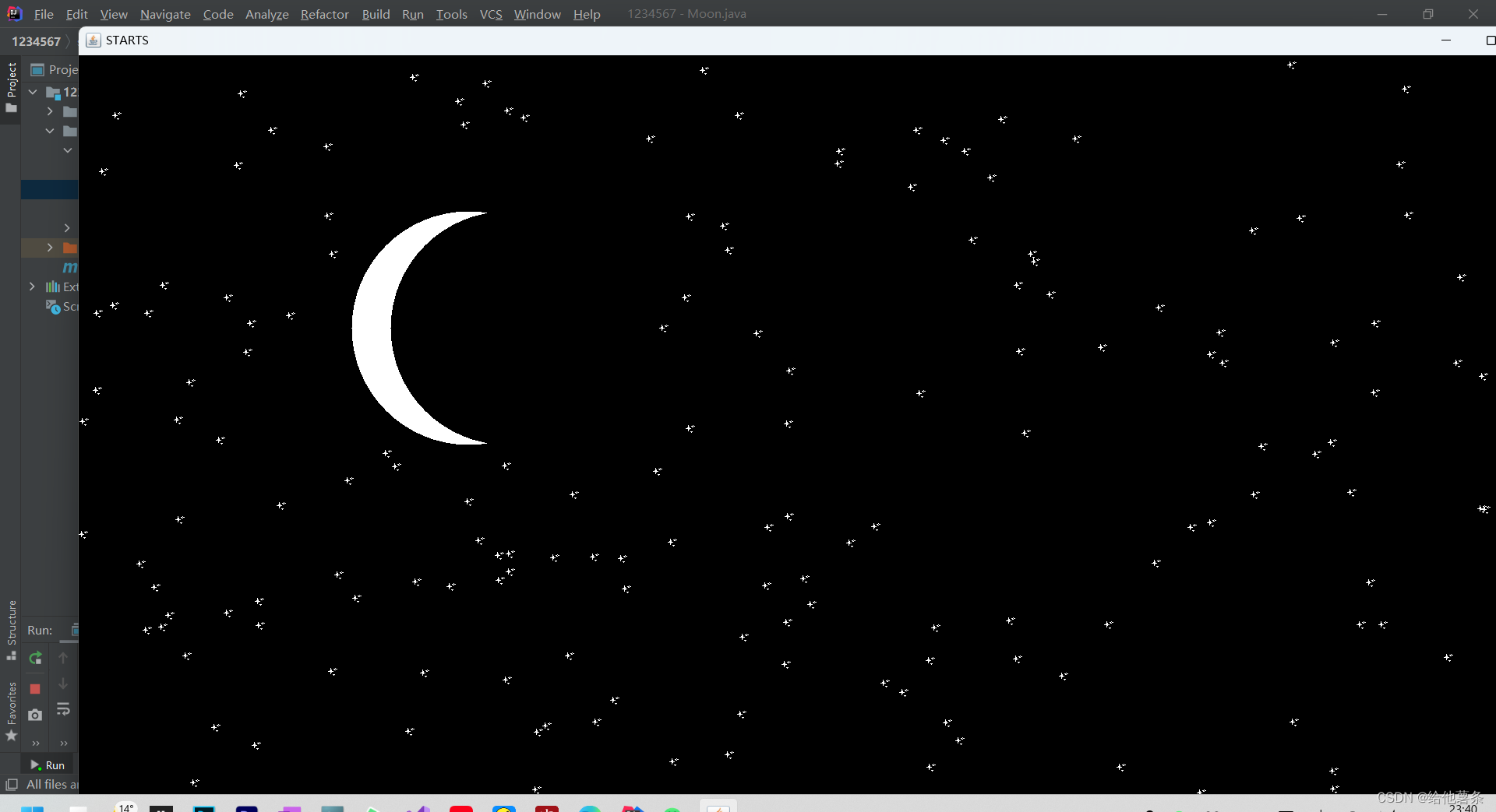 Java代码画星空月亮_用java完成以下程序:在applet中画一轮黄色新月,并且窗口上方显示红字“the moon”-CSDN博客
