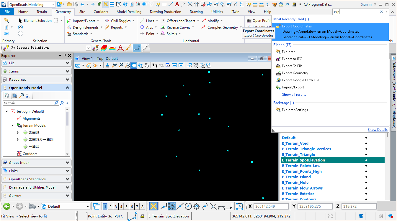 OpenRoads地形模型上提取点标注和导出文本坐标数据文件_openplant 怎么进行地形处理-提取grid点-CSDN博客