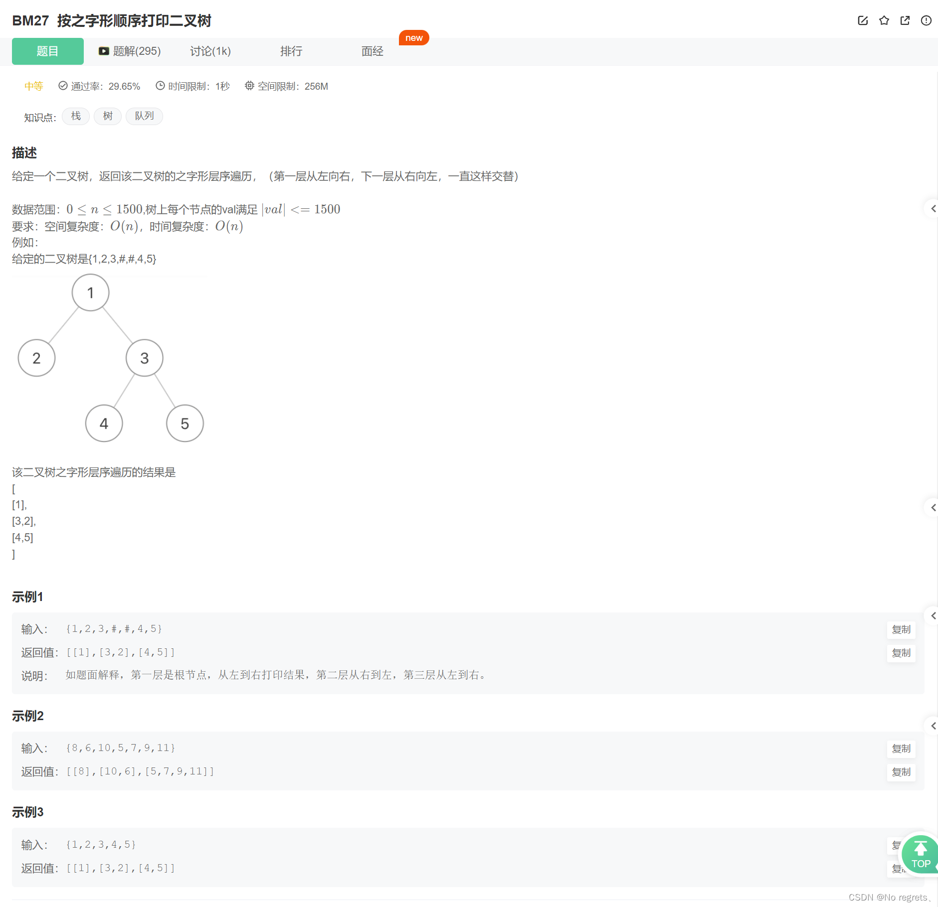 二叉树一：二叉树的前中后序遍历、二叉树的层序遍历、按之字形顺序打印二叉树、二叉树的最大深度、二叉树中和为某一值的路径一、二叉搜索树与双向链表、对称的二叉树、合并二叉树、二叉树的镜像 3210