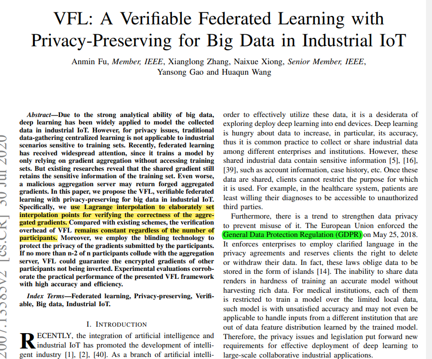 【一种利用插值验证的FL隐私保护框架】VFL: A Verifiable Federated Learning_vfl: a ...