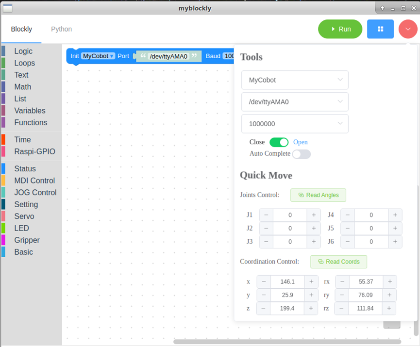 MyCobot六轴机械臂（五）--Myblockly拖拽式编程_多流程 拖拽式编程 软件架构-CSDN博客