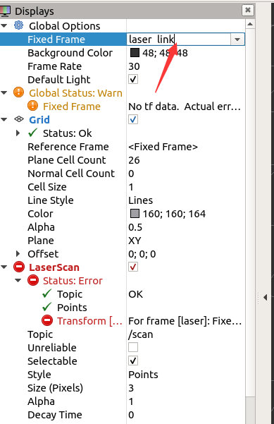 在rviz中出现For frame [laser]: Fixed Frame [laser_link] does not exist_for frame [laser]: frame ...