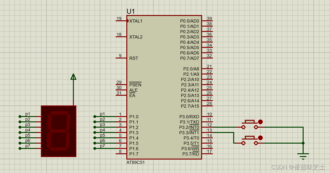 Proteus虚拟仿真，从0~9加或减。_1.at89c51单片机p0口接有1个7段共阳led数码管,初始显示为0。外部中断0输入引脚int-CSDN博客