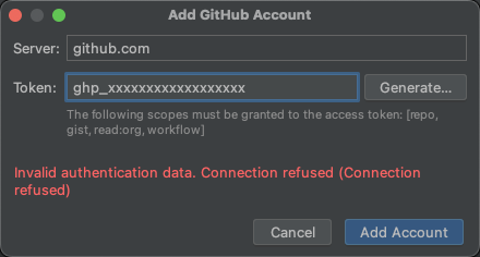 解决idea/pycharm github推送错误invalid authentication data. Connection refused_pycharm log in github ...