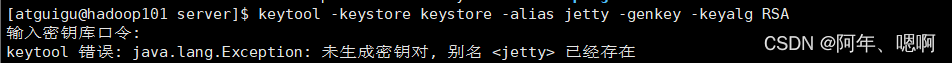 keytool 错误: java.lang.Exception: 未生成密钥对, 别名 ＜jetty＞ 已经存在_keytool 错误: java.lang.exception: 未生成密钥对, 别名