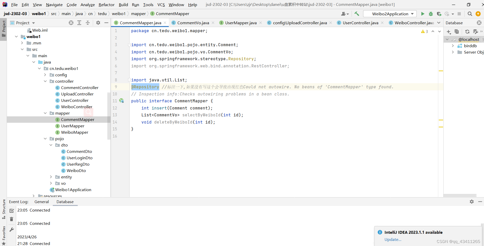 Could not autowire. No beans of ‘CommentMapper‘ type found. Inspection info:Checks autowiring ...