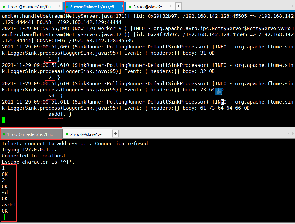 Flume：搭建配置以及 source读取在netcat、http，sink 落实在本地、HDFS_二、配置flume,sources使用netcat,监听55555端口,并启动,通过 ...