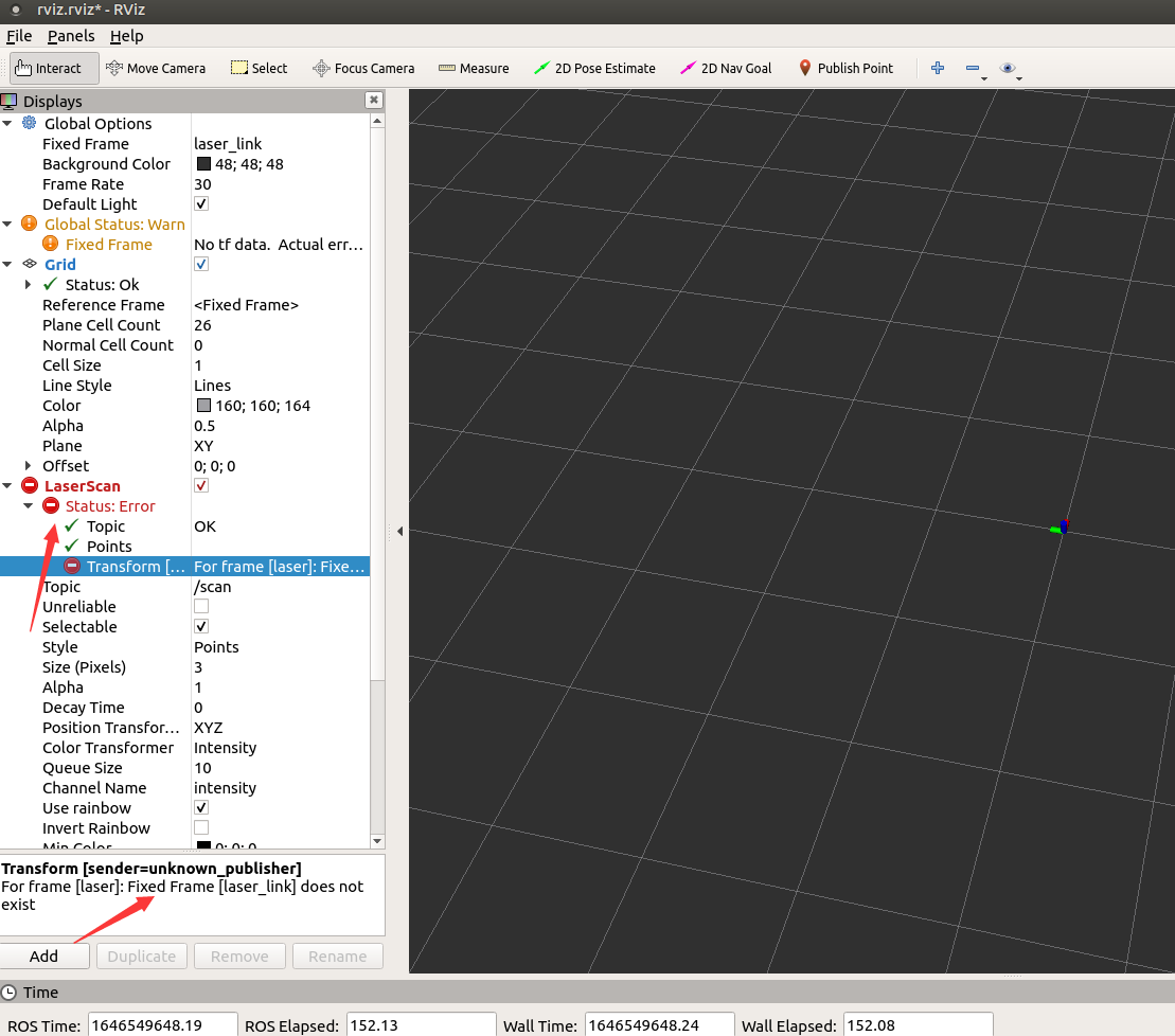 在rviz中出现For frame [laser]: Fixed Frame [laser_link] does not exist_for frame [laser]: frame ...