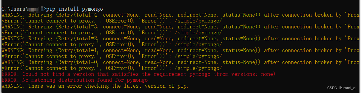 pip安装pymongo模块报错:Could not find a version that satisfies the ...