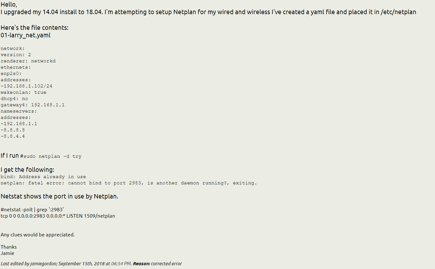 fatal error: cannot bind to port 2983, is another daemon running?_netplan: fatal error: cannot ...