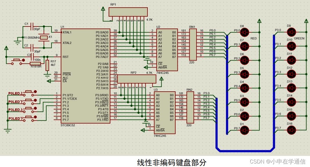 在P0 口、P3 口分别接有 8 只红色与绿色的发光二极管，电路图如图 所示_当p0口为1时红色二极管亮，p1.2为0时绿色发光二极管亮-CSDN博客