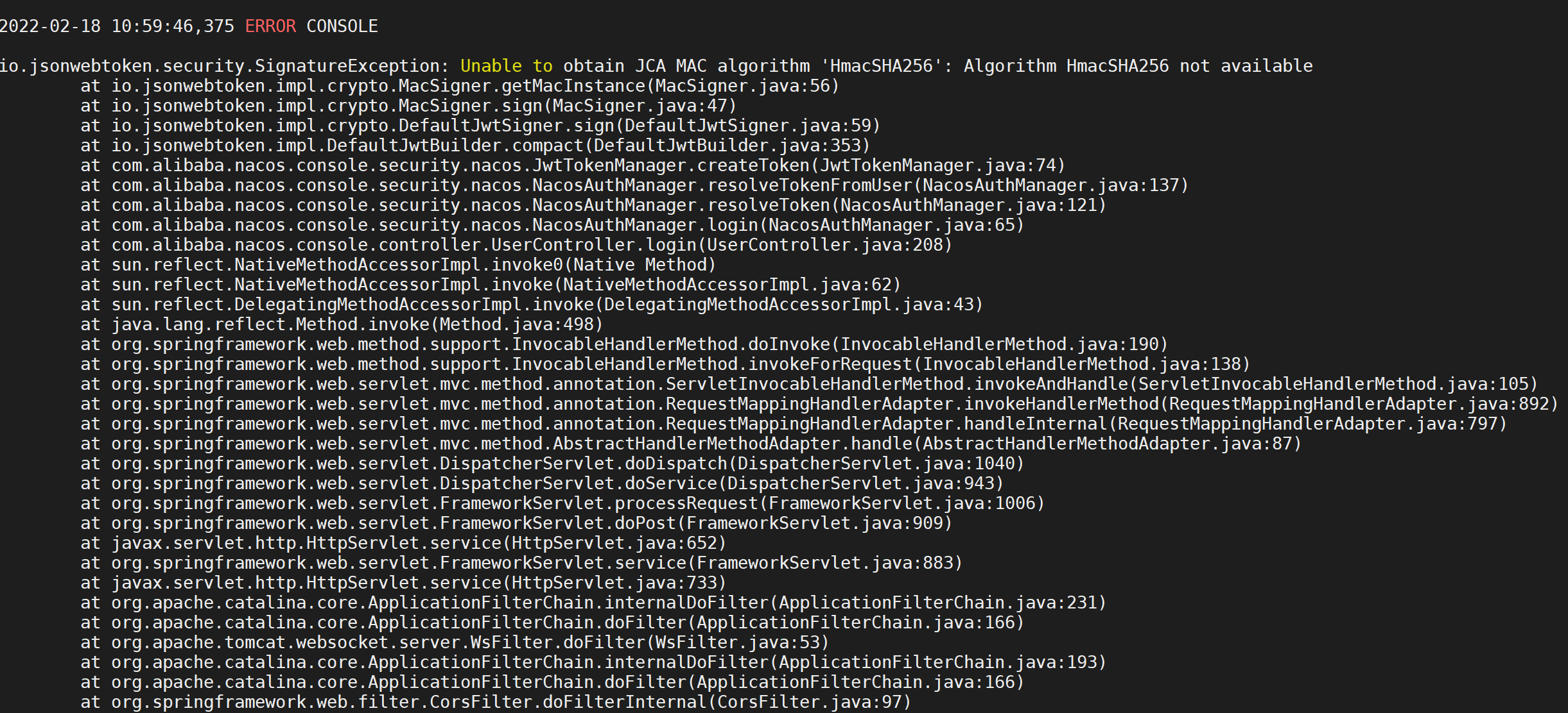 CentOS安装Nacos后，输入默认用户名和密码nacos/nacos，提示“用户名或密码错误”_jsonwebtoken.security.signatureexception ...