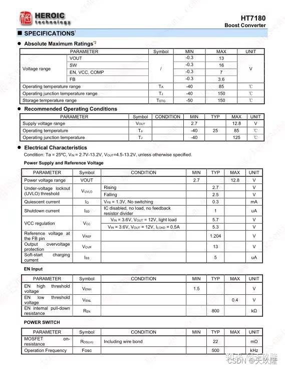 HT7180是内置开关管2.7V-12V输入，最高12.8V10A120W以上输出的高功率异步升压转换器，效率最高可达94%_ht7180典型 ...