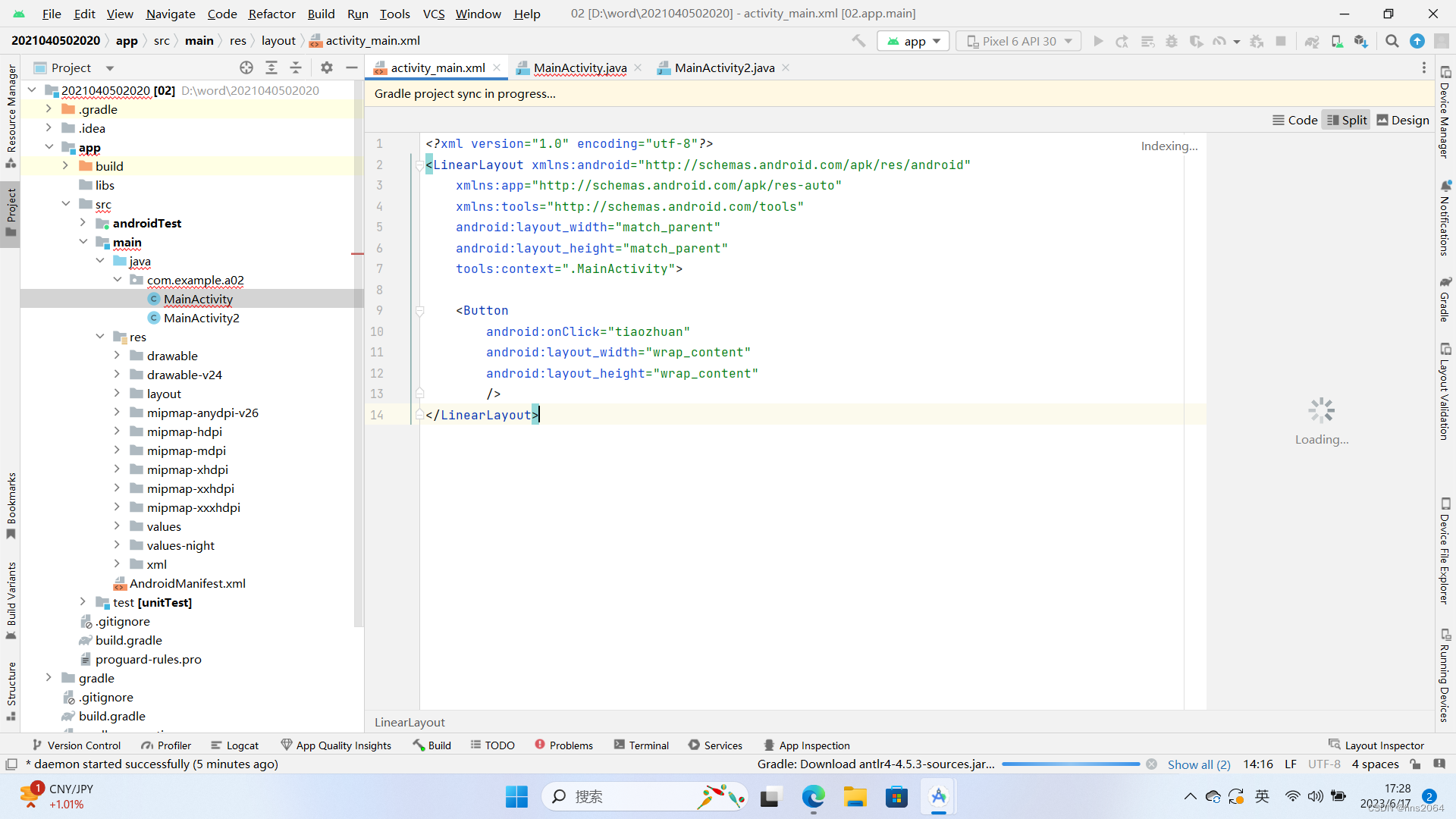 实现简单的页面跳转。要求：1、在MainActivity对应的布局文件中添加按钮，按钮必须包含姓名信息。2、在MainActivity的点击事件中实现页面跳转，跳转到Main2Activi ...