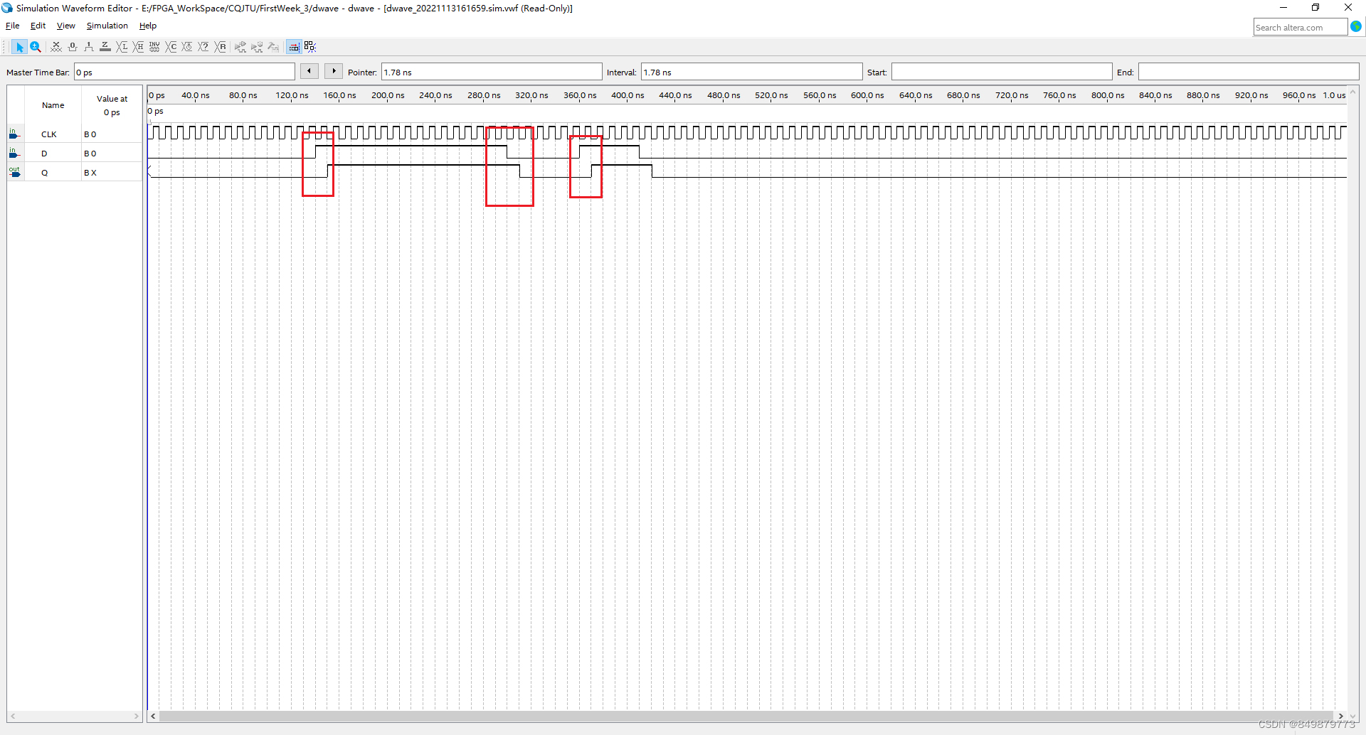 Quartus D触发器及时序仿真_quartus9的verilog程序仿真-CSDN博客