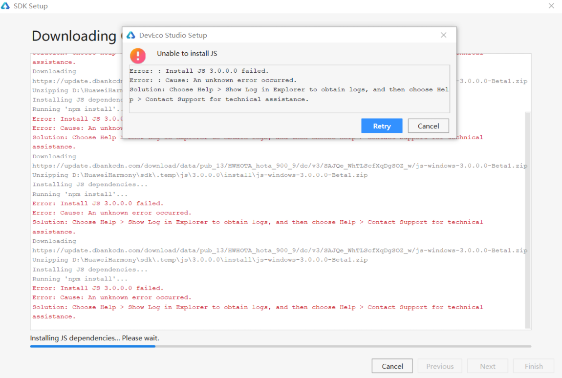 DevEco Studio 3.0.0.800安装sdk报错unable to install js、eTS的解决办法_if the issue persists, choose help ...