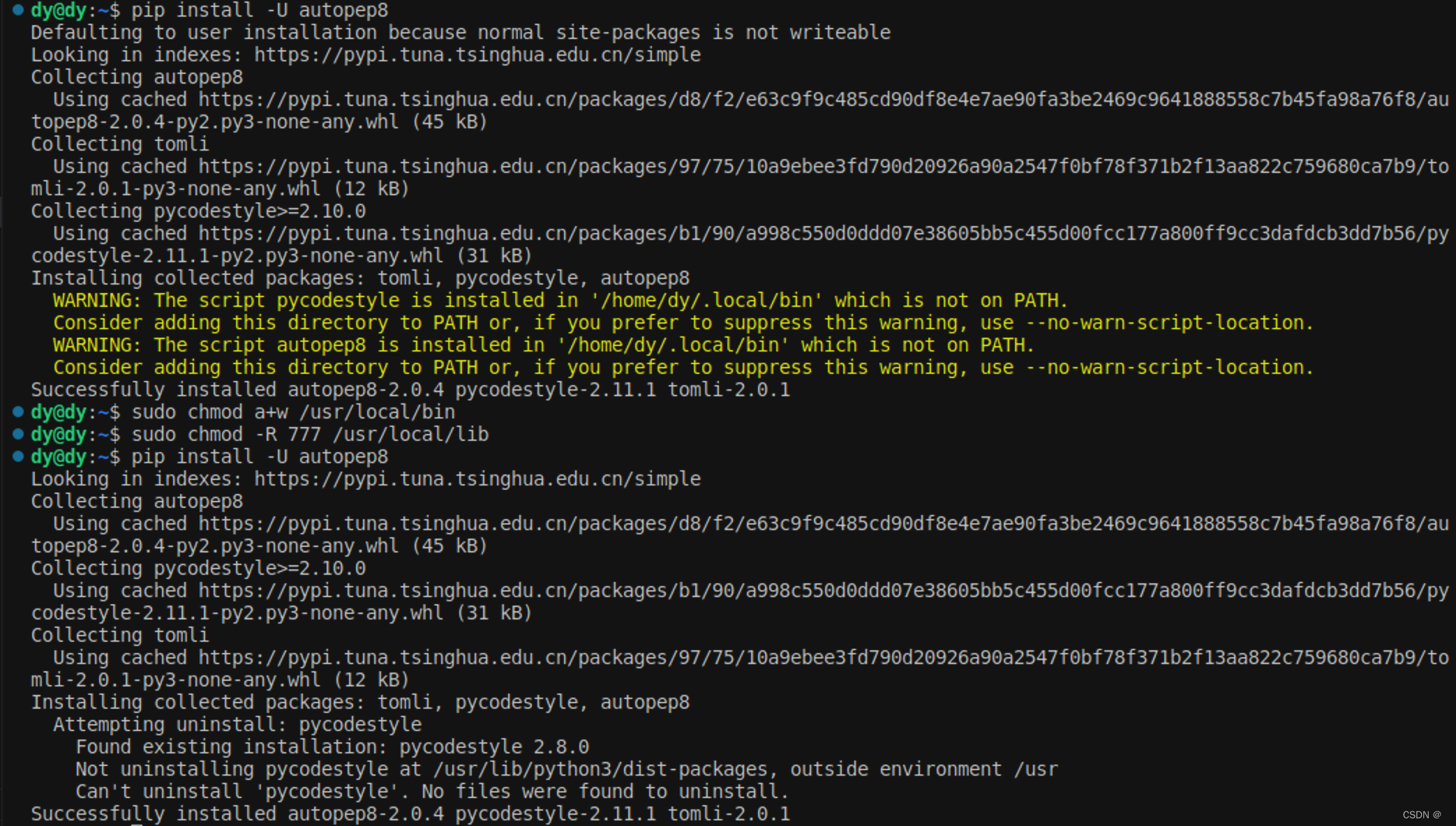 pip安装在home/.local，出现问题:Defaulting to user installation because normal site-packages is not ...
