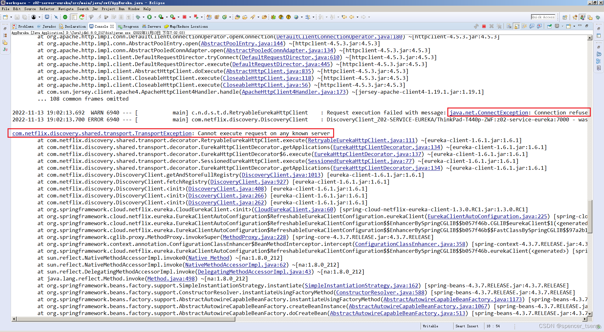 com.netflix.discovery.shared.transport.TransportException: Cannot execute request on any known ...