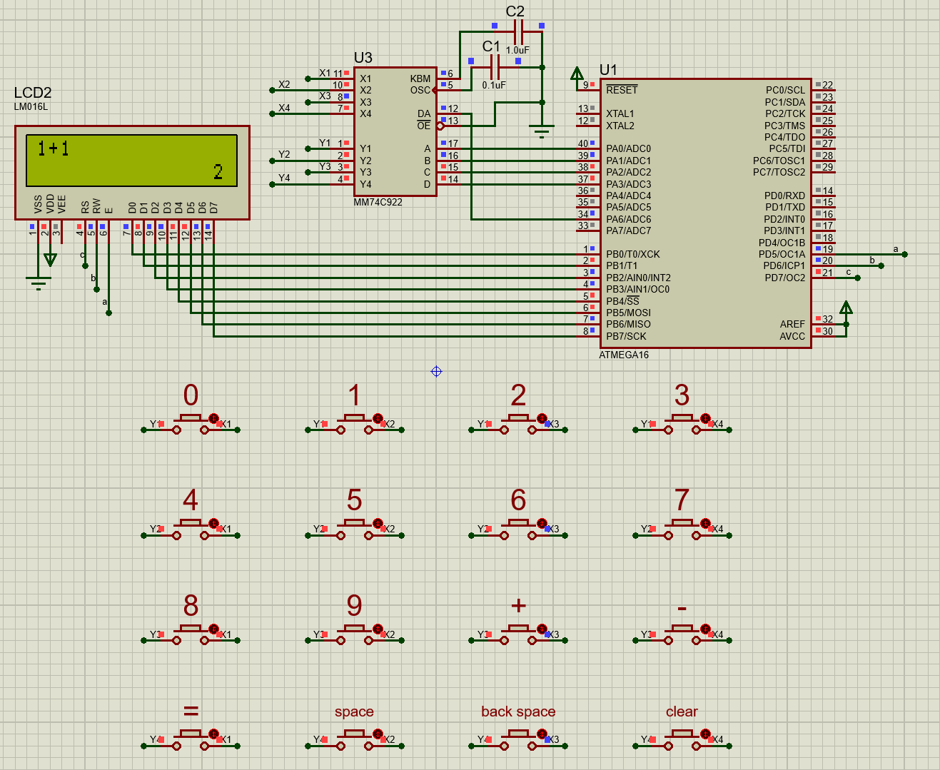 使用atmega16，lcd1602，MM74C922芯片，4x4矩阵键盘，实现加减计算器仿真_使用4*4矩阵键盘作为输入,在lcd1602 ...