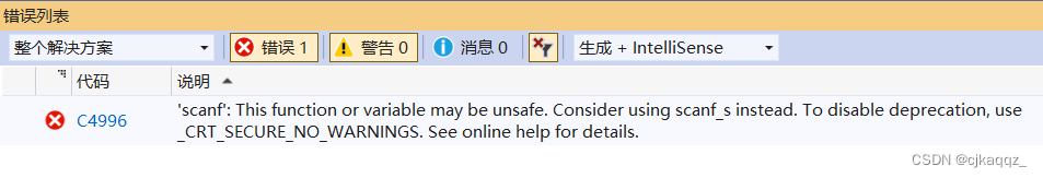 严重性 代码 说明 项目 文件 行 禁止显示状态错误 C4996 ‘scanf‘: This function or variable may be unsafe. Consider 解决办法 ...