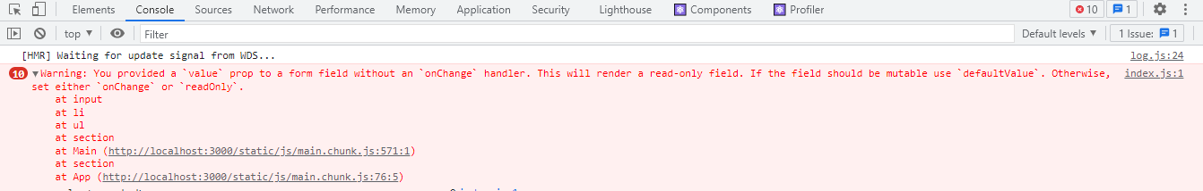 代码报错 : - Warning: You provided a `value` prop to a form field without an `onChange` handler ...