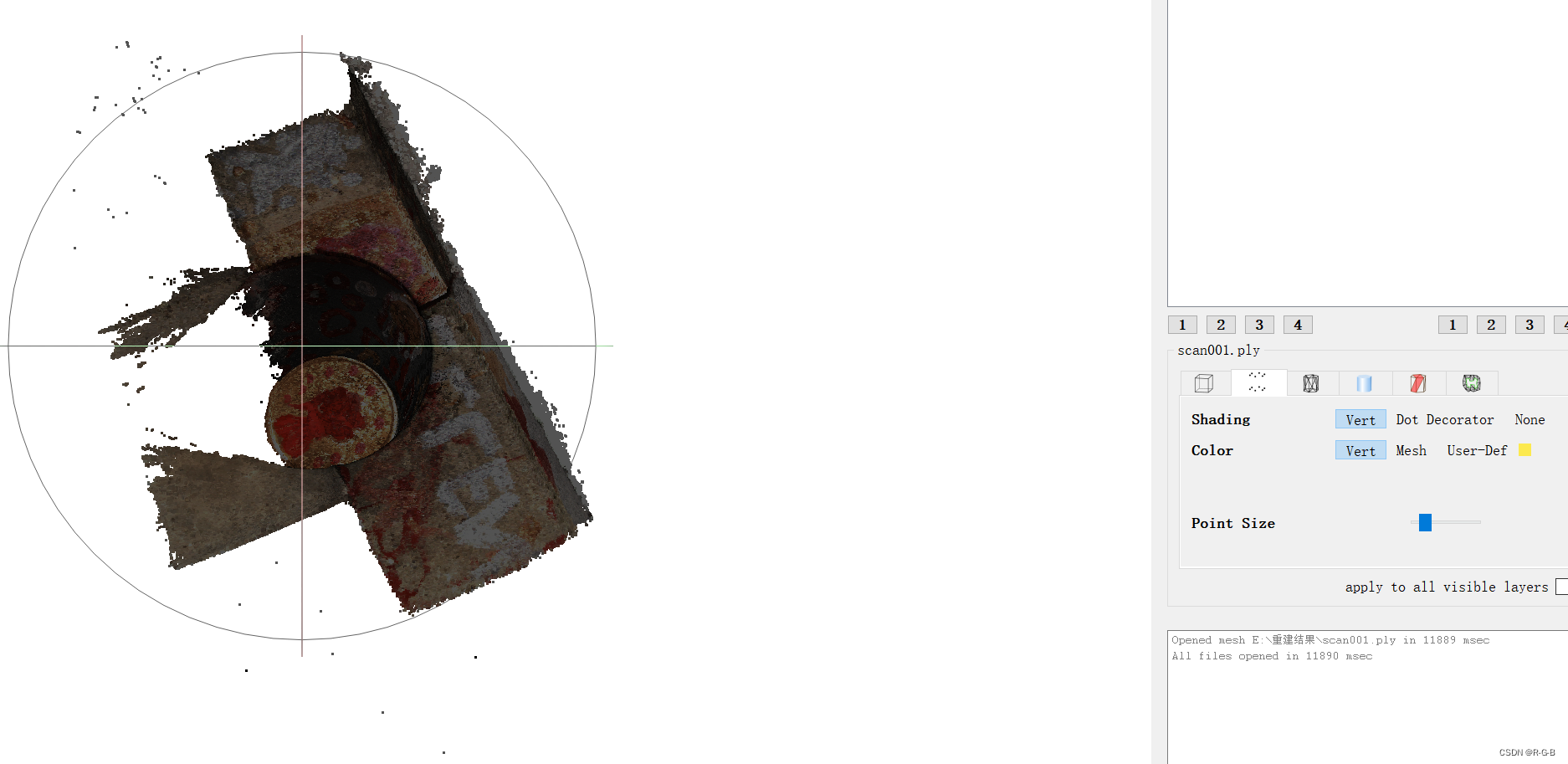 Meshlab查看三维点云时 ，使用技巧总结（换背景颜色、点云颜色调亮、去除“旋转圈” “加号”）_cloudcompare 不显示旋转的球-CSDN博客