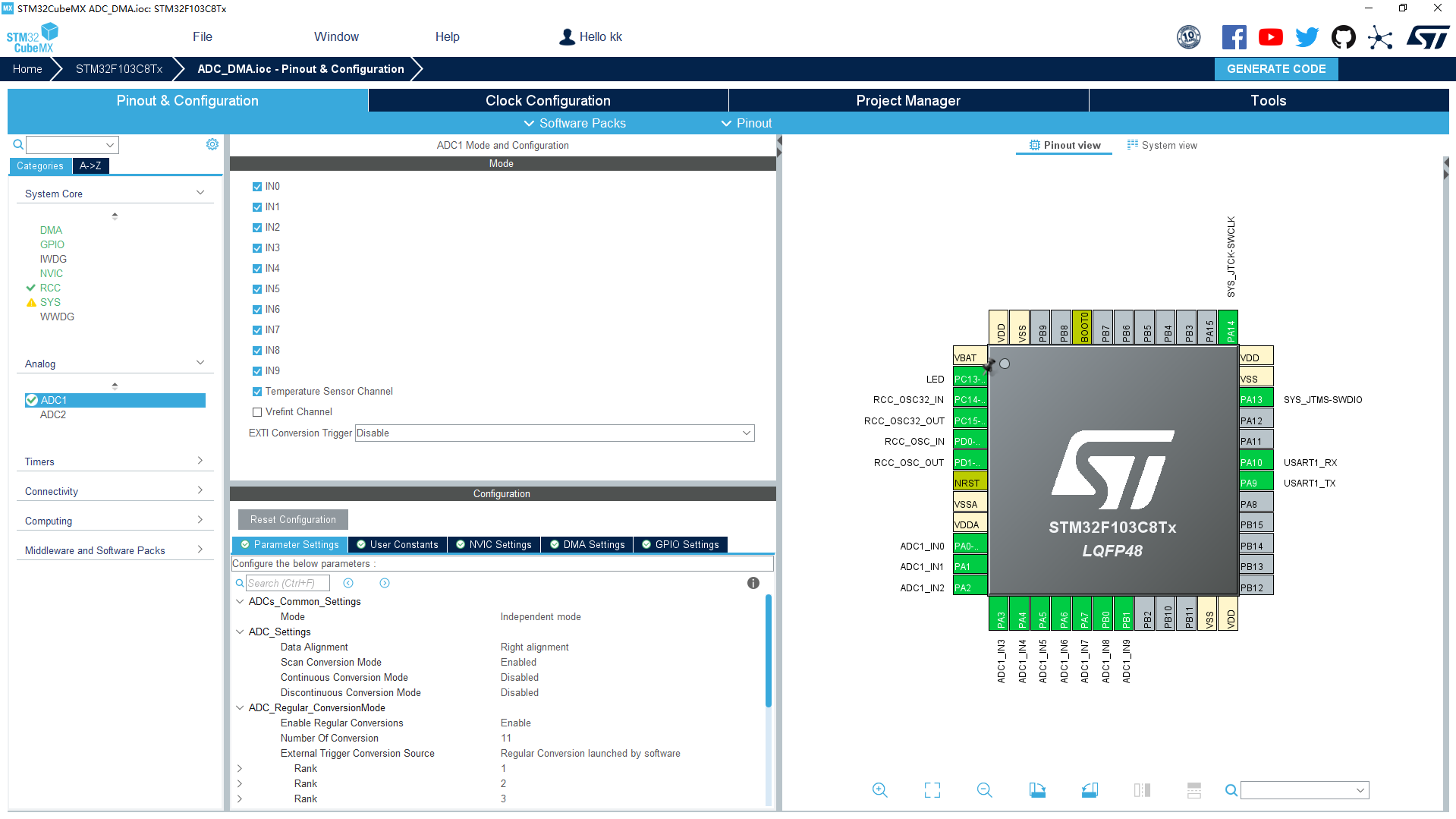 CubeMX配置STM32F103C8T6多路ADC配合DMA采集_stm32f103c8t6的adc采样率-CSDN博客