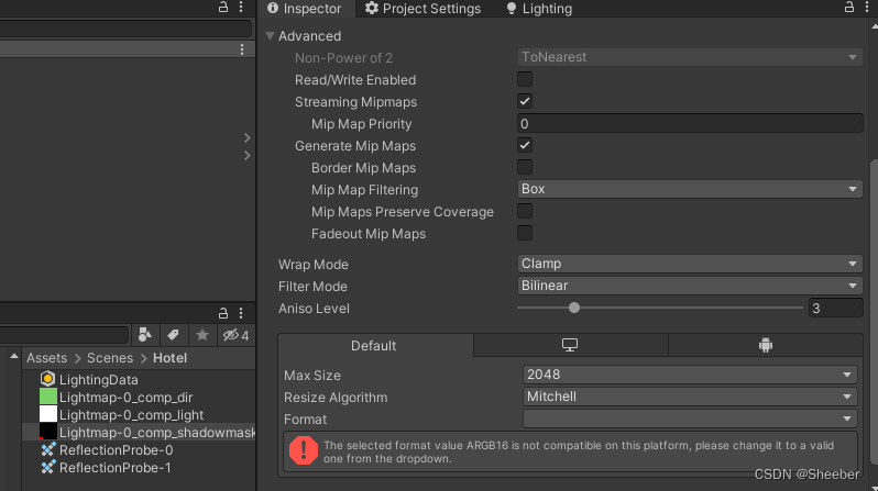 Unity 2019.3.0f6 烘焙图片格式错误： format ‘ARGB 16 bit‘_selected texture format 'argb 16 bit' for ...