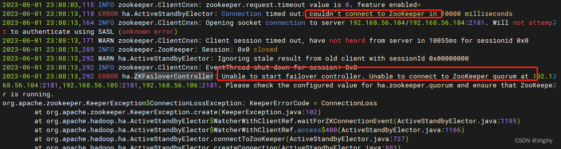 ha.ZKFailoverController: Unable to start failover controller. Unable to connect to ZooKeeper ...