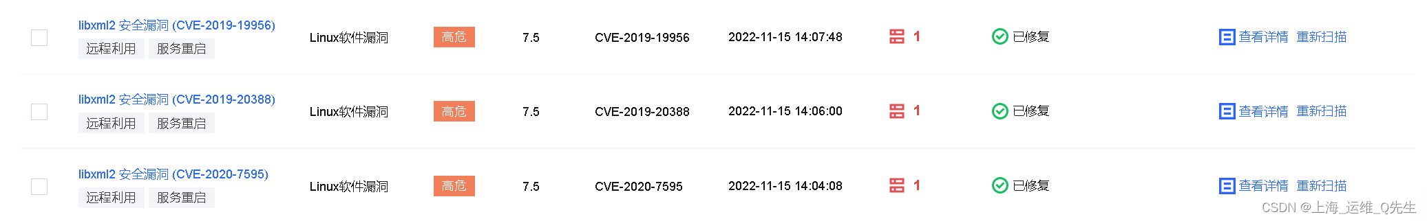 漏洞修复--libxml2 安全漏洞 (CVE-2019-19956) libxml2 安全漏洞 (CVE-2019-20388) libxml2 安全漏洞 (CVE-2020-7595 ...
