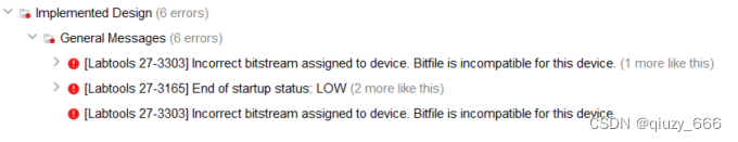 bitstreams文件生成失败：Incorrect bitstream assigned to device.Bitfile is incompatible for this device ...