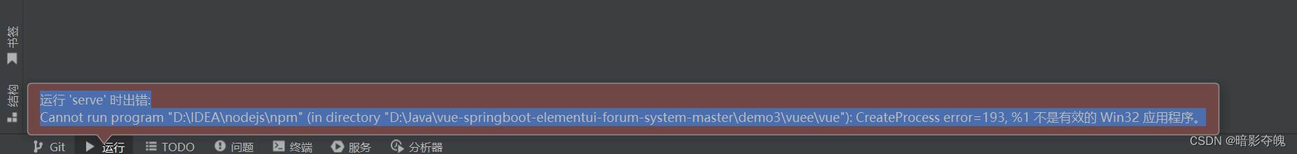 运行 ‘serve‘ 时出错: Cannot run program “D:\IDEA\nodejs\npm“ (in directory ...
