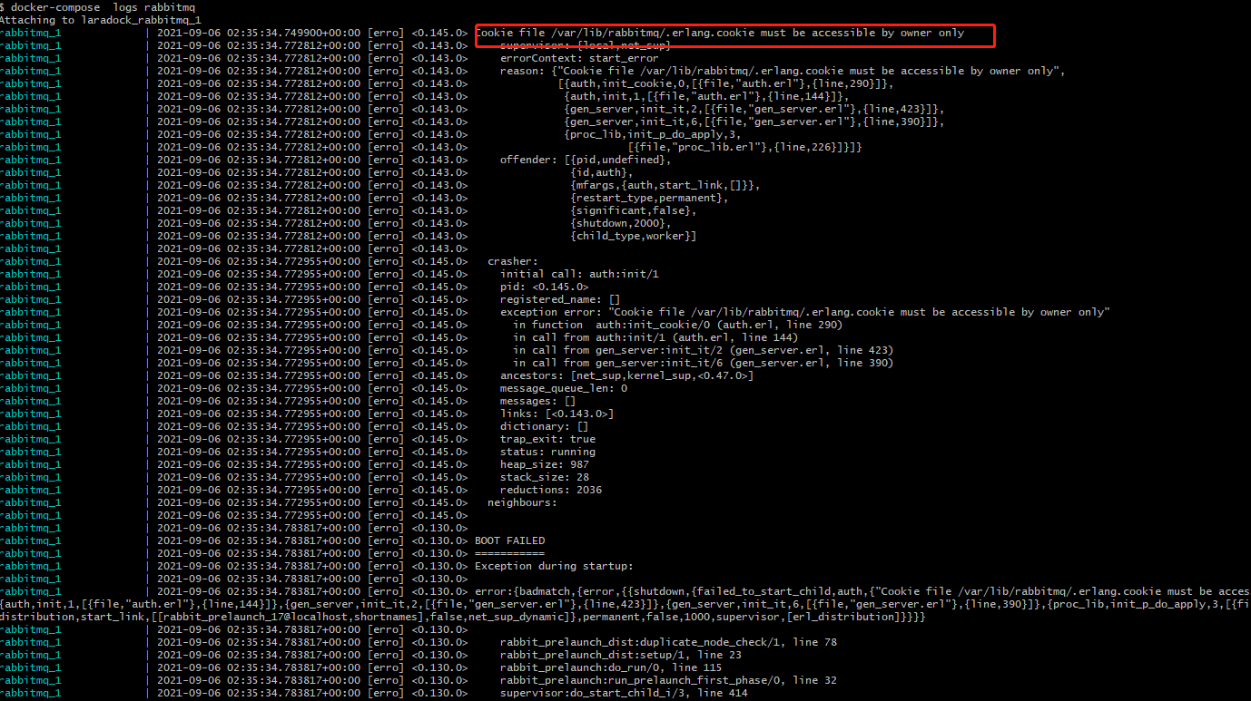 Cookie file /var/lib/rabbitmq/.erlang.cookie must be accessible by owner only laradock_没有.erlang ...