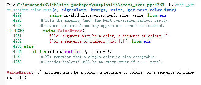 ValueError: ‘c‘ argument must be a color, a sequence of colors, or a sequence of numbers, not R ...