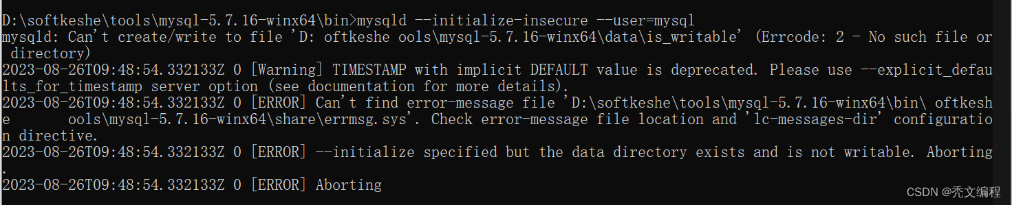 [安装mysql初始化报错]mysqld Can‘t Create Write To File ‘d Oftkeshe Ools