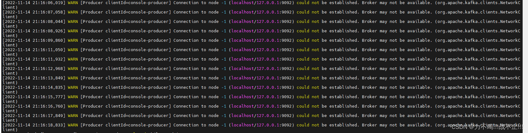 kafka报错: (localhost/127.0.0.1:9092) could not be established. Broker may not be available.-CSDN博客