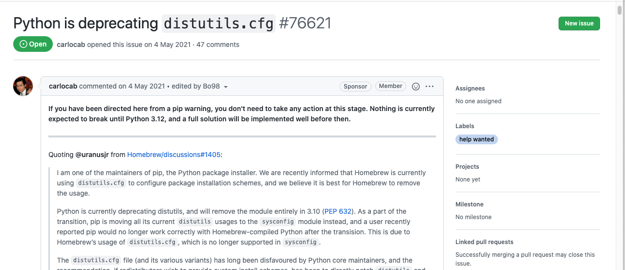 DEPRECATION: Configuring installation scheme with distutils config files is deprecated and will ...