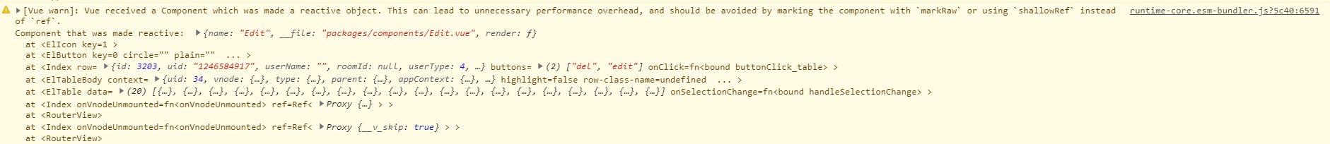 当vue3提示[Vue warn]: Vue received a Component which was made a reactive object._vite vue3 index ...