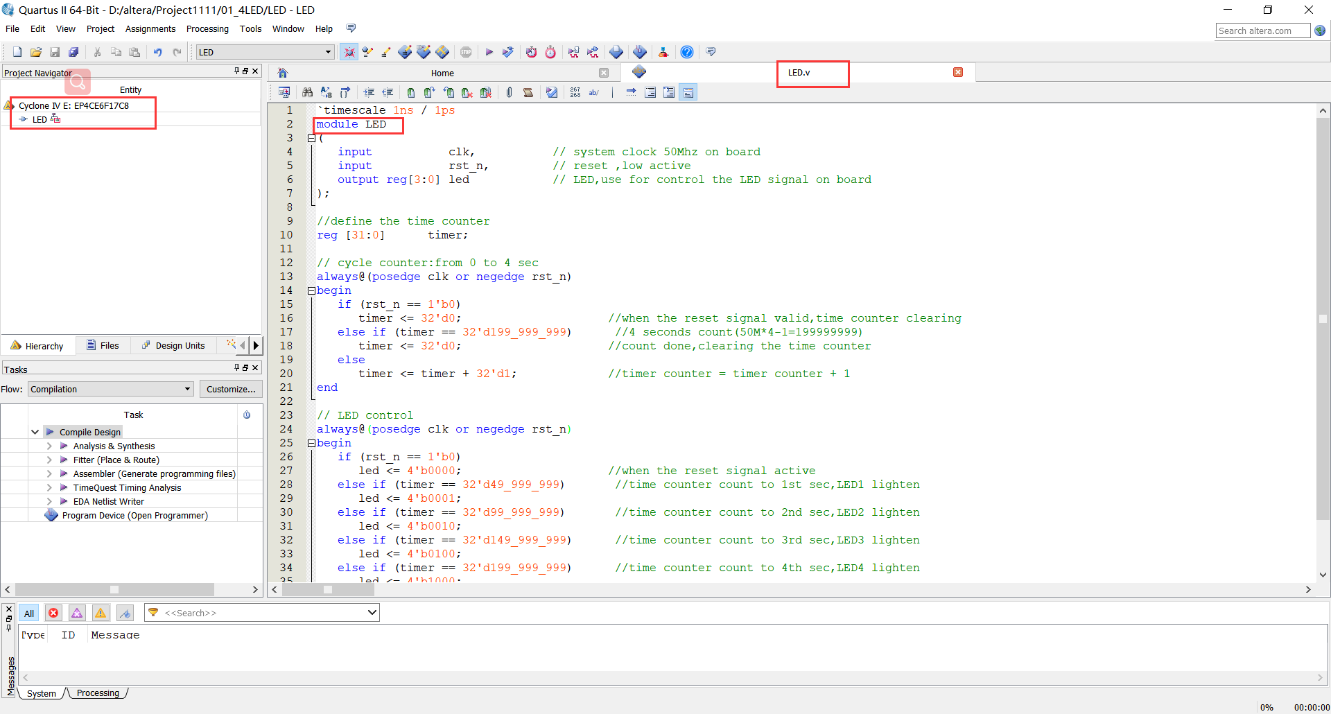 【FPGA从0开始系列】在Quartus13.1下LED流水灯实验（一）_黑金ax4010系列,型号为ep4ce10f17c8-CSDN博客