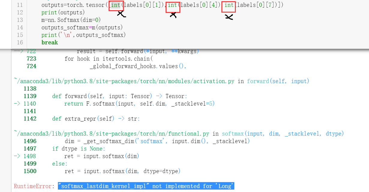 博主用nn.softmax时出错“softmax_lastdim_kernel_impl“ not implemented for ‘Long‘_nn.softmax 数据类型修改成 ...