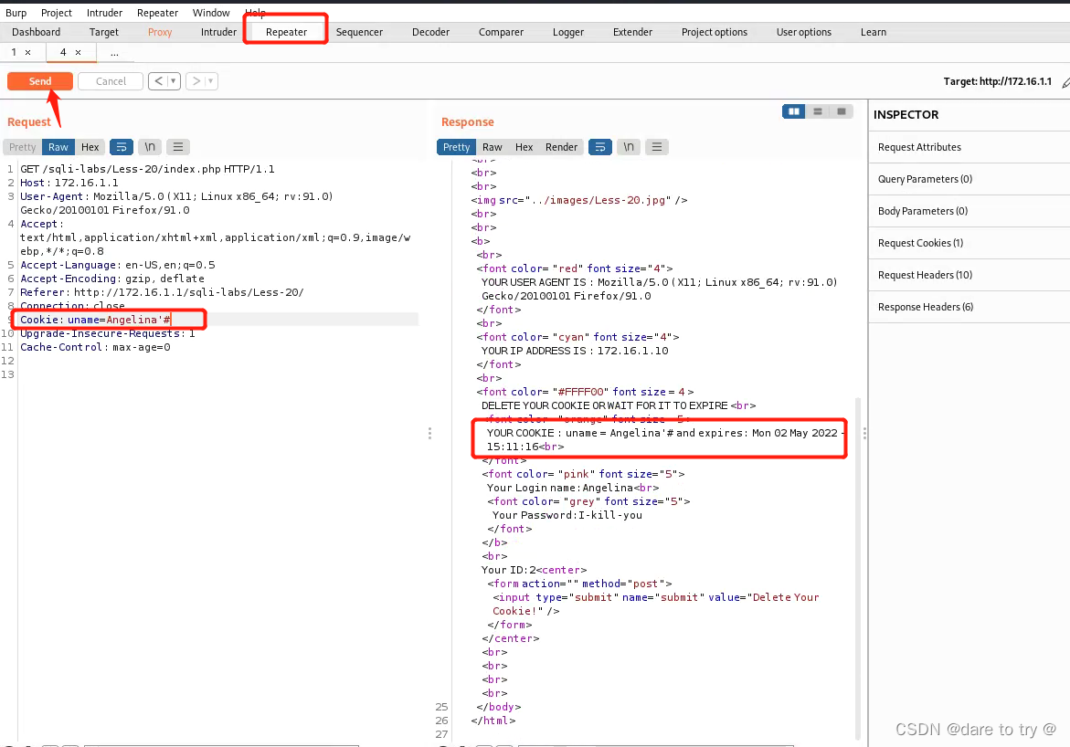 【SQL注入-10】cookie注入案例—以Sqli-labs靶机第less20关为例（借助BurpSuite工具）_cookie注入靶场 ...