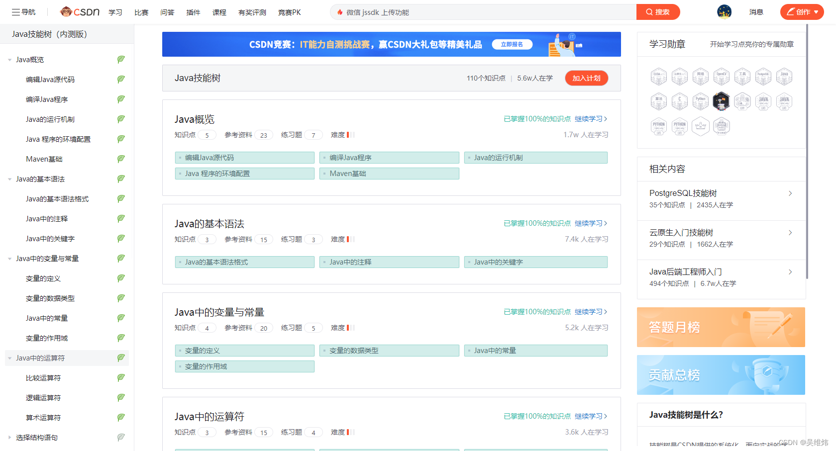 「随笔」java技能树测评 Csdn 技能树评测征文吴维维 Java Csdn博客