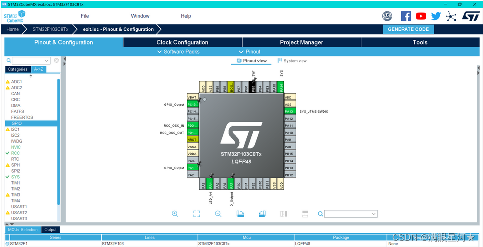 用stm32f103核心板的gpioa端一管脚接一个led，gpiob端口一引脚接一个开关（用杜邦线模拟代替）。采用中断模式编程，当开关接高电平时，led亮灯；接低电平时，led灭灯。 Csdn博客