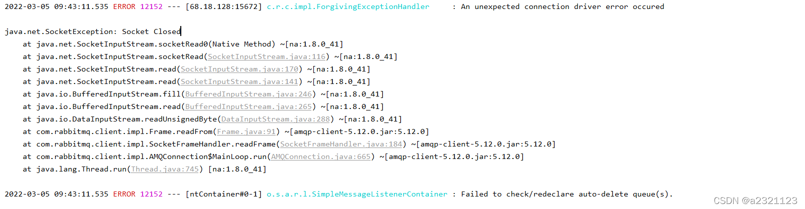Rabbitmq报错an Unexpected Connection Driver Error