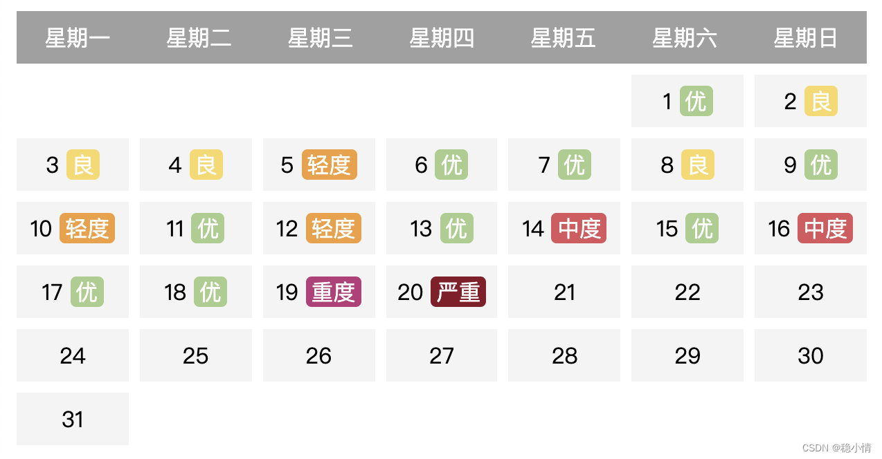 Vuejs实现日历功能vue环境污染日历图 Csdn博客