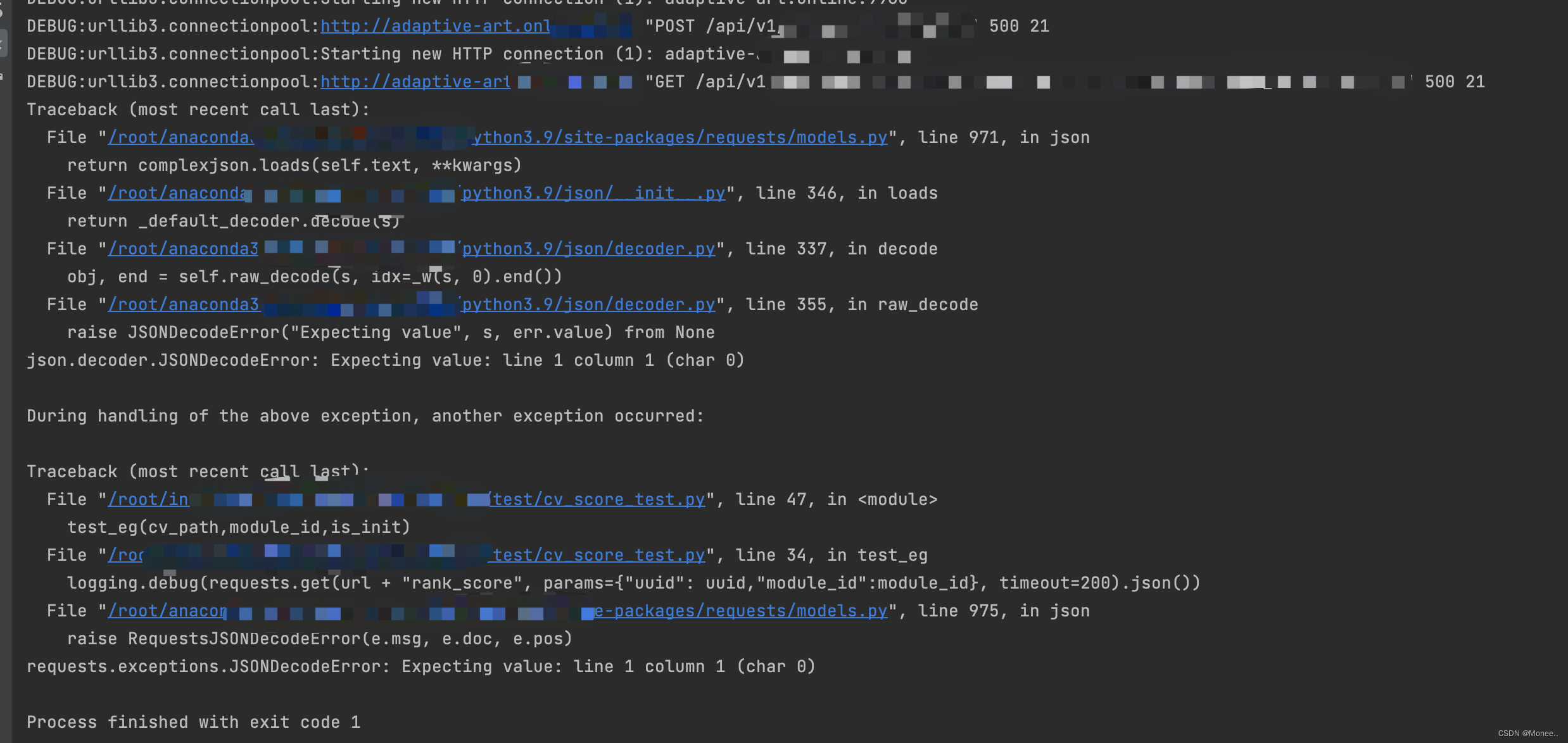 raise RequestsJSONDecodeError(e.msg, e.doc, e.pos) requests.exceptions.JSONDecodeError: Expectin ...