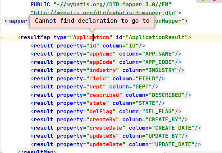处理项目运行正常，但mapper.xml中resultmap中type无法导航到实体（+property爆红cannot find declaration to go to）_mybatisx ...